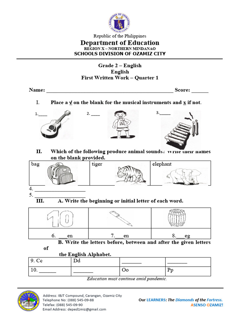 English Grade 2 Module 1 and 2 Written Works Assessment | PDF | Human ...