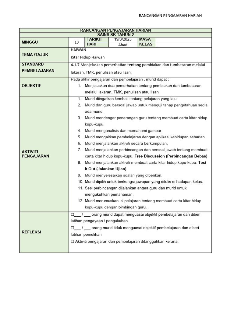 RPH Ringkas Minggu 13 Sains SK THN 2 2023 by Cikgu Gorgeous | PDF