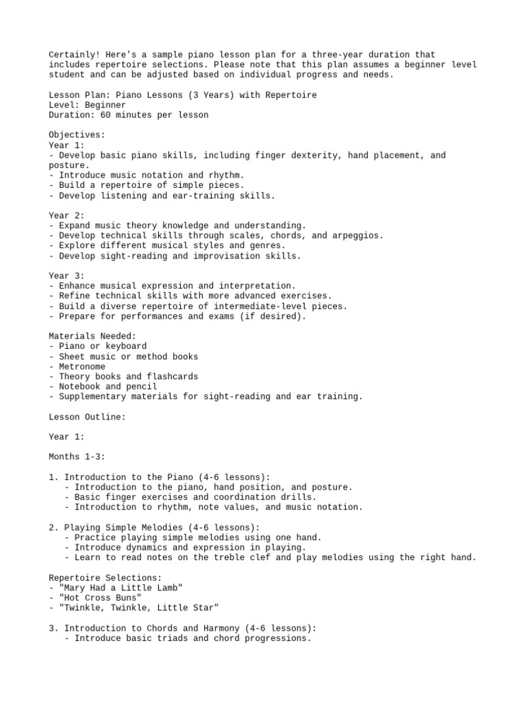 3 Yr Piano Lesson Plan With Repertoire | PDF