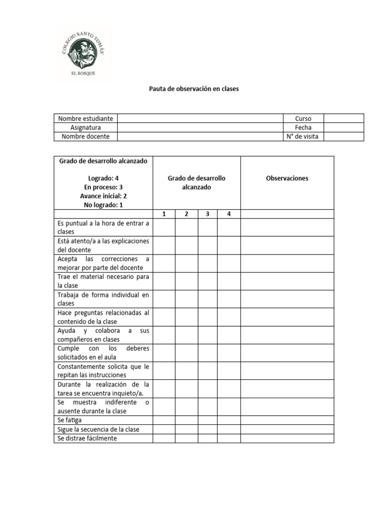 Pauta de Observación en Clases | PDF