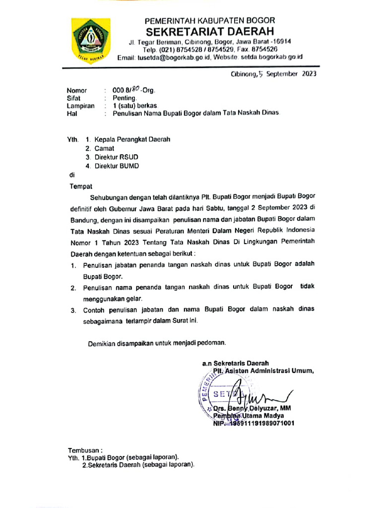 Surat Penulisan Nama Bupati Bogor | PDF