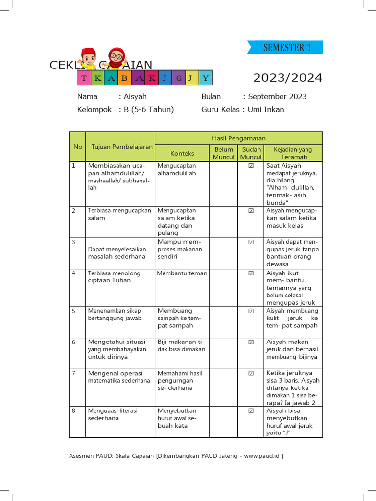 Ceklis Skala Capaian Paud | PDF