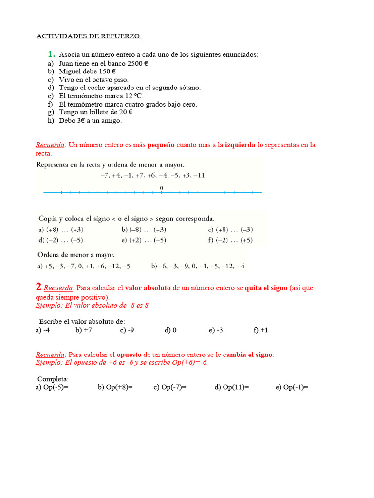 Ejercicos Repaso Numeros Enteros | PDF