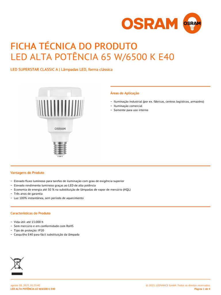 Ficha Técnica Do Produto Ficha Técnica Do Produto Led Alta Potência 65 W/6500 K E40 | Download ...