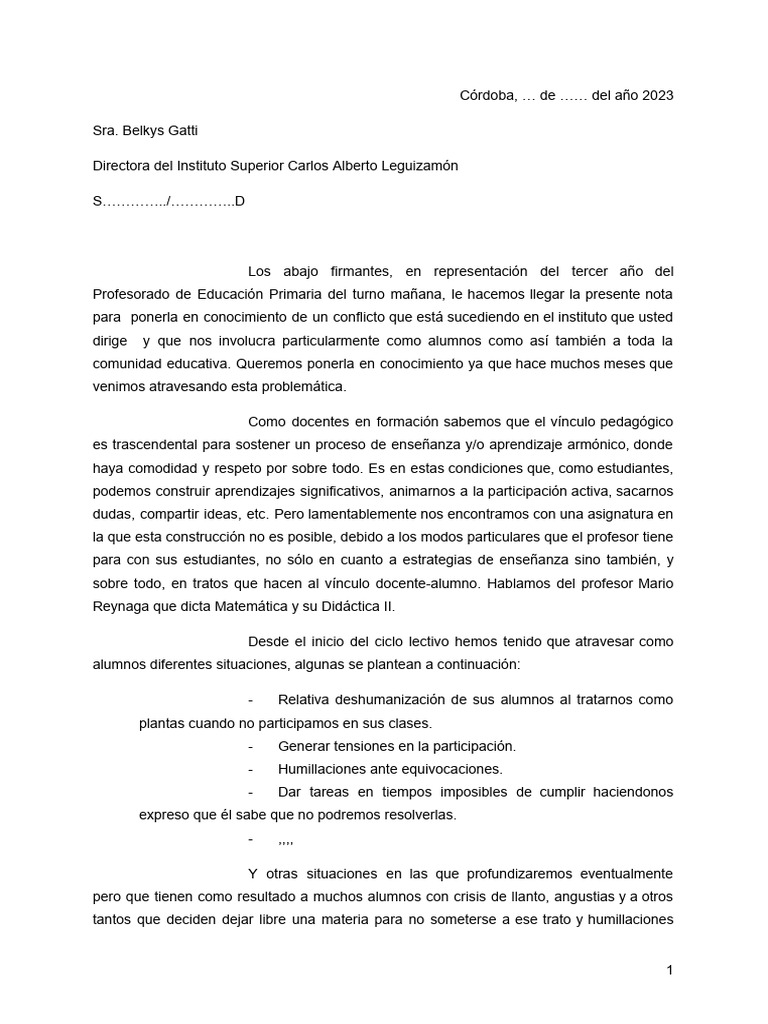 Carta A Directora Leguizamón | PDF | Enseñando | Maestros
