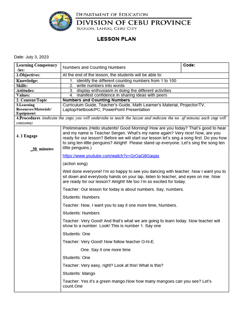 Kindergarten Numbers Lesson Plan | PDF | Lesson Plan | Teaching