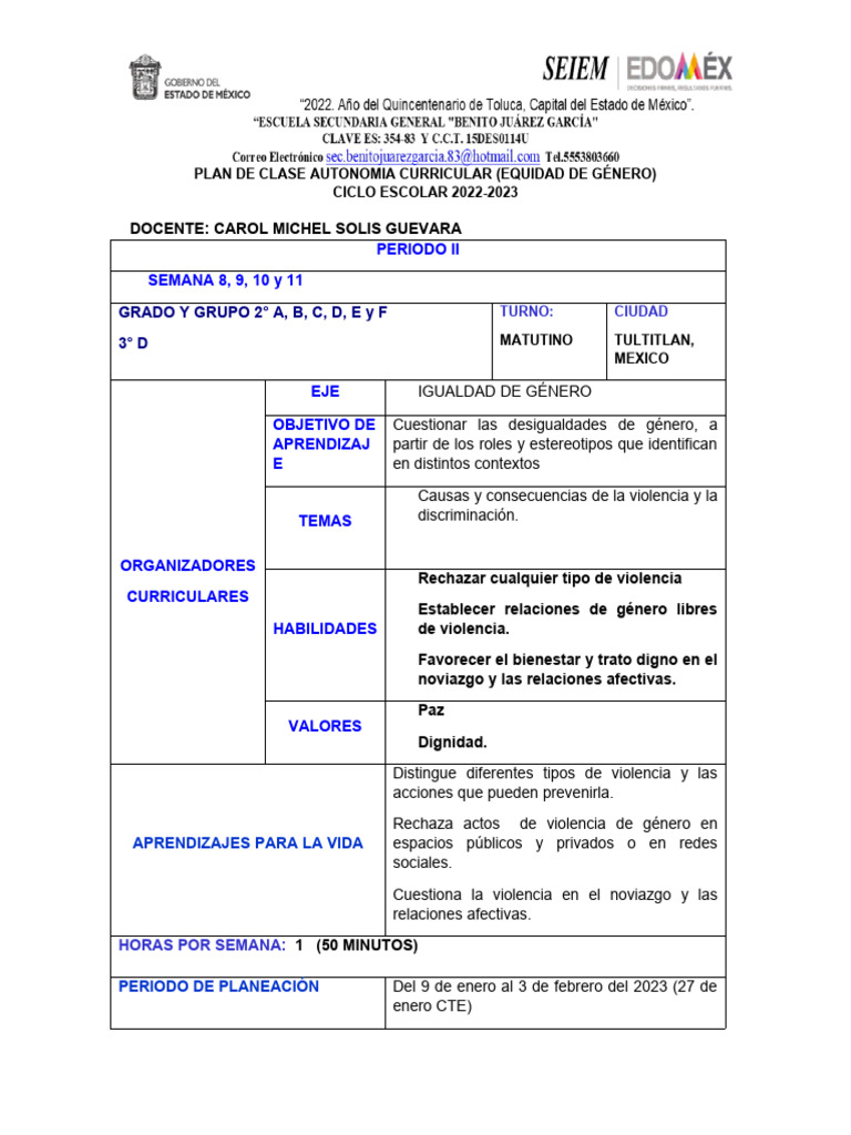 Plan de Clase Equidad de Genero | PDF