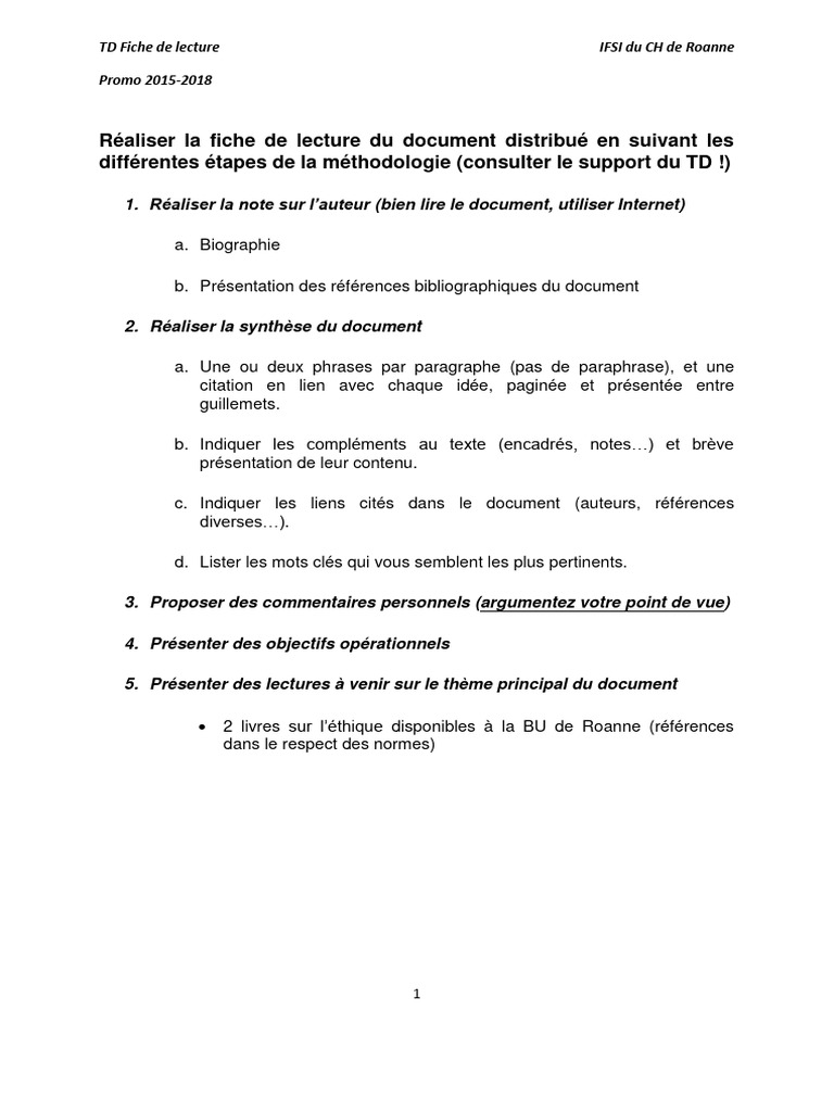 Réaliser La Fiche de Lecture Du Document Distribué en Suivant Les ...