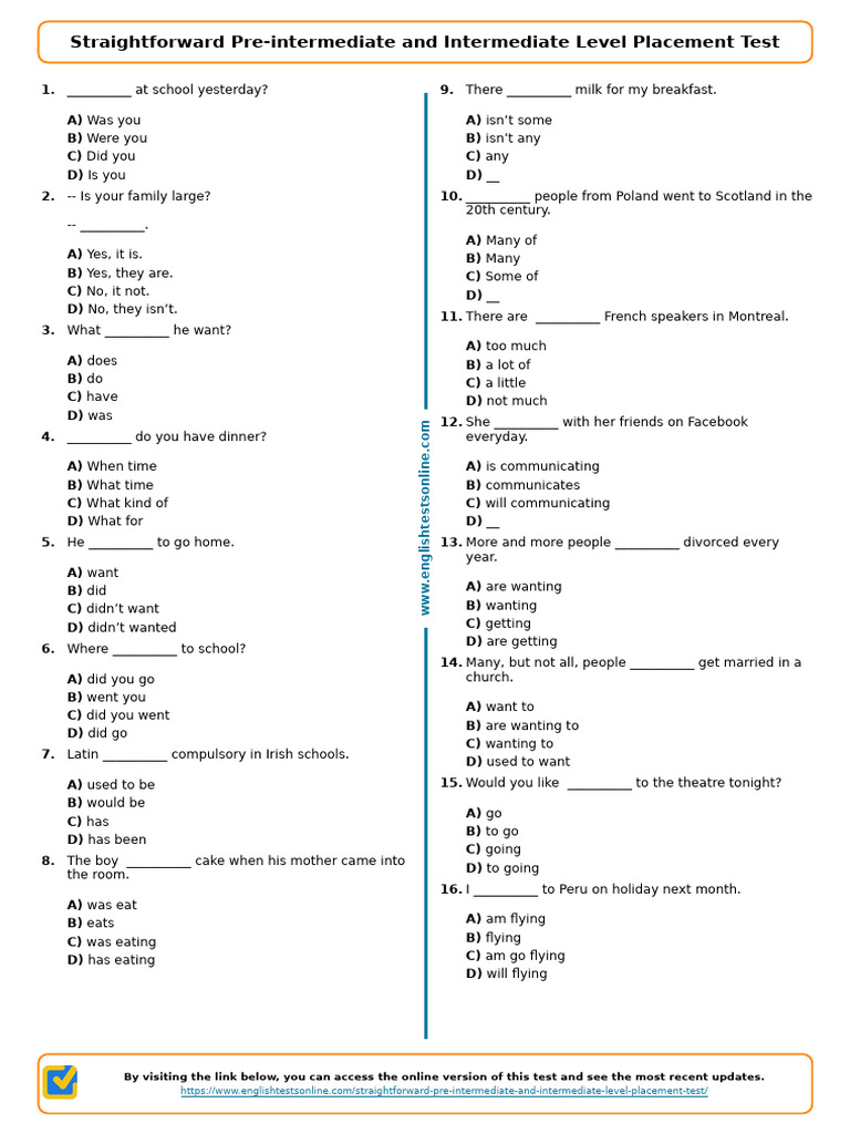 Pre-Intermediate & Intermediate Placement Test | PDF