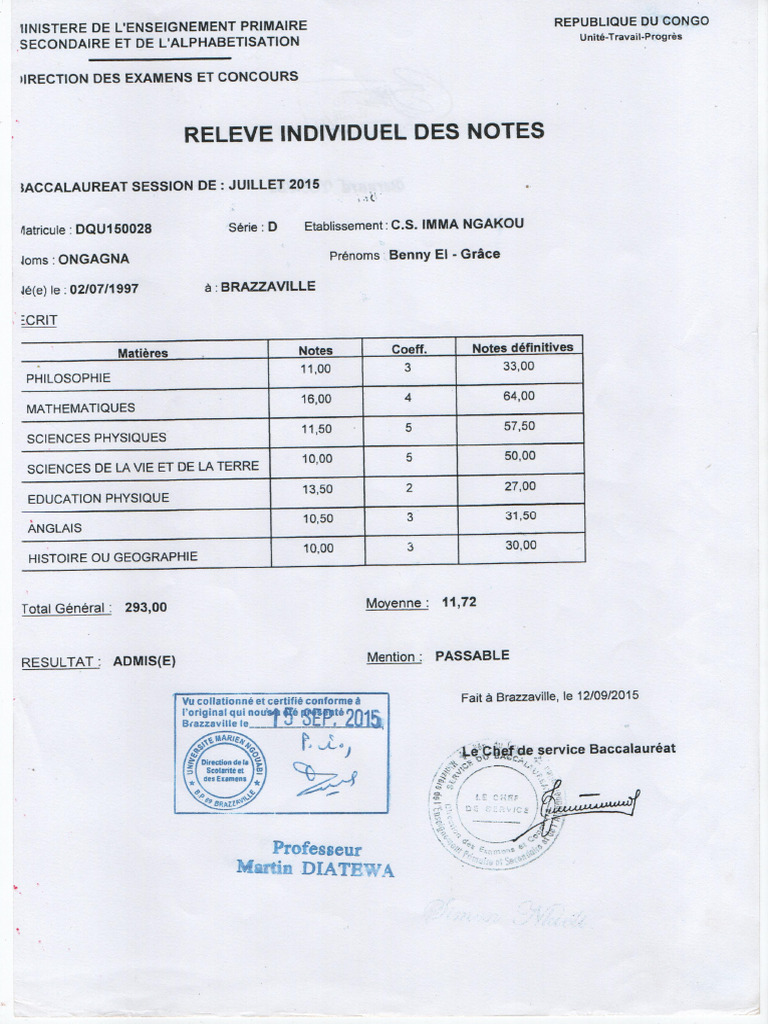 Relevé de Notes Benny | PDF
