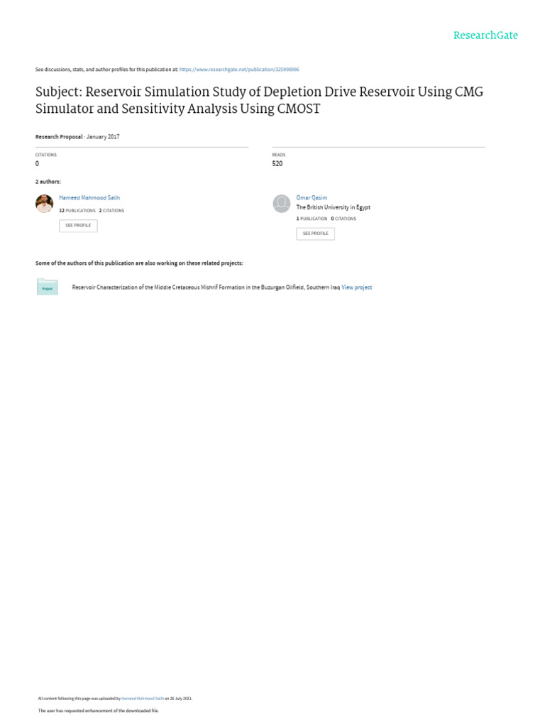 Subject: Reservoir Simulation Study of Depletion Drive Reservoir Using ...