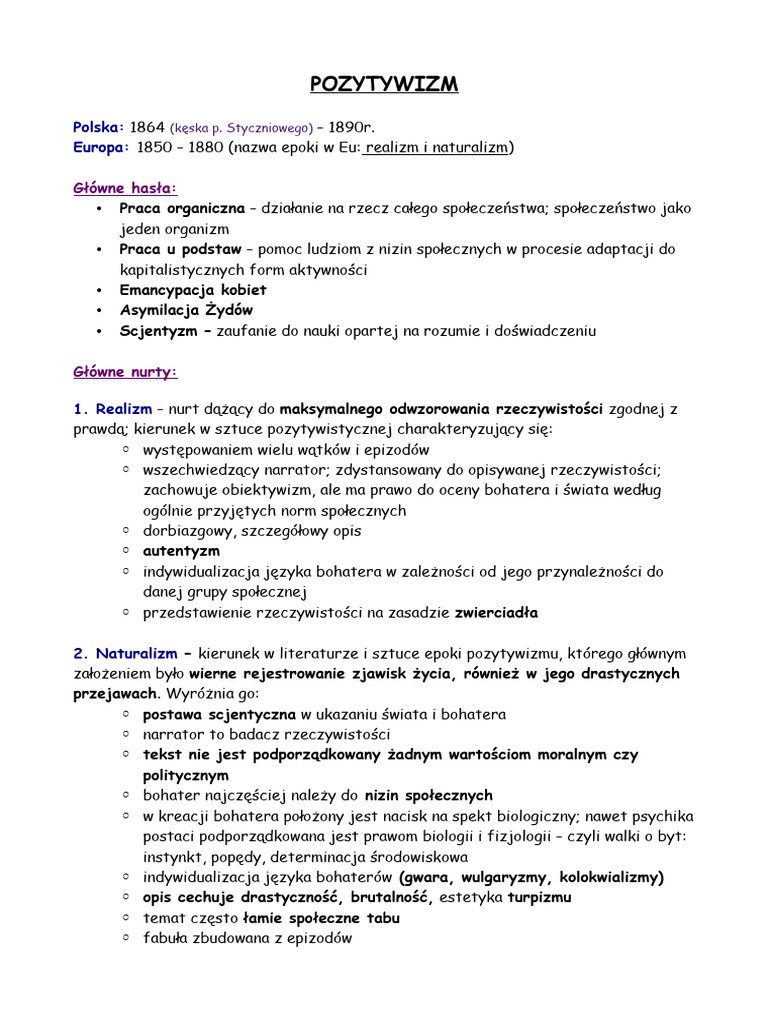 Pozytywizm Notatka | PDF