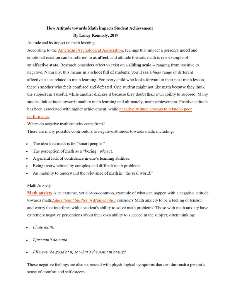 Attitude Towards Math Impacts Student Achievement | PDF | Attitude ...