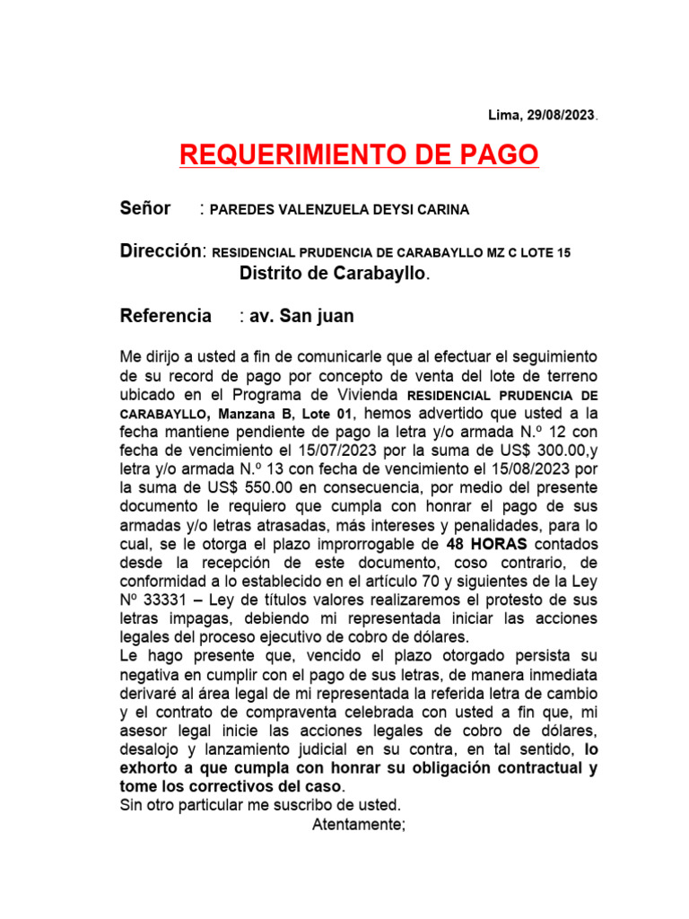 MODELO DE REQUERIMIENTO DE PAGO 2 Meses | PDF