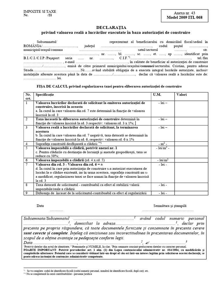 Declaratie Privind Valoarea Reala A Lucrarilor Executate in Baza ...