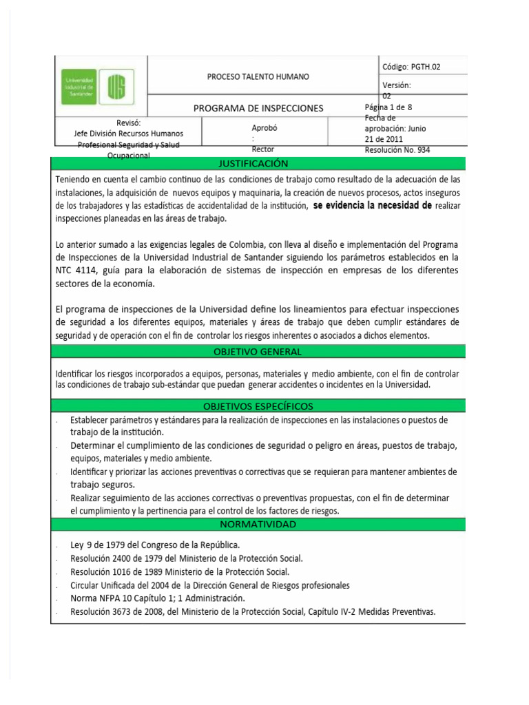 PDF Modelo de Programa de Inspecciones | PDF | Seguridad y salud ocupacional | Riesgo