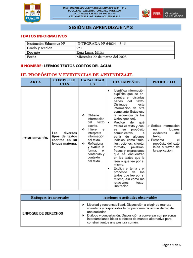 Sesión de Aprendizaje Nuevo Esquema #8 | PDF
