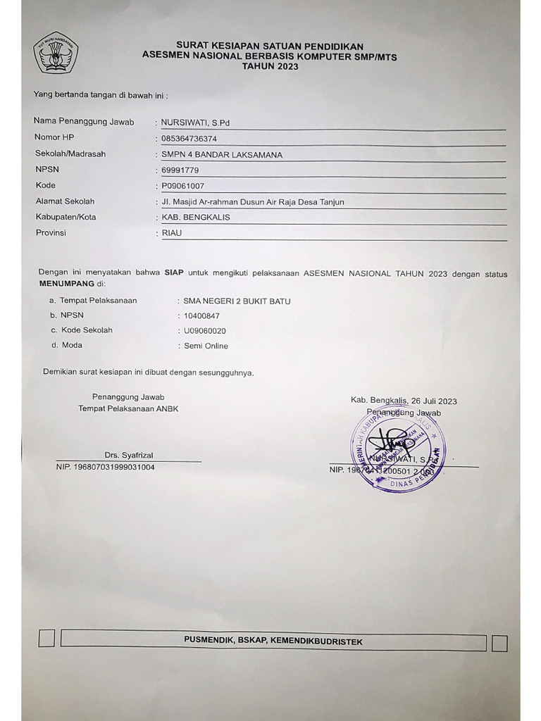 Surat Kesiapan ANBK | PDF