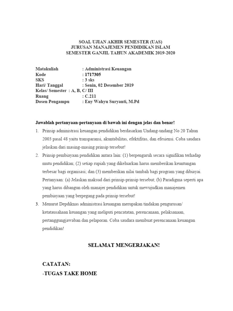 Soal Uas ganjil-AK-MPI FKIT UIN Malang 2019-2020 | PDF