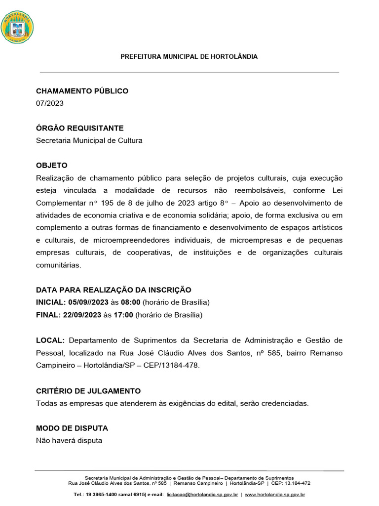 Modelo de Edital Da Lei Paulo Gustavo em Hortolândia - Geral | PDF