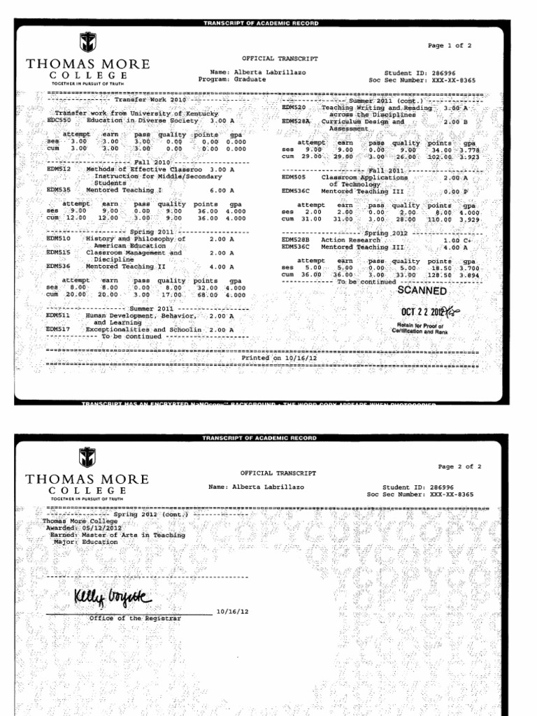 Alberta Labrillazo Thomas More College MAT Transcripts | PDF