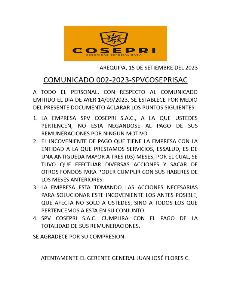 Comunicado 002 SVP Cosepri Sac | PDF