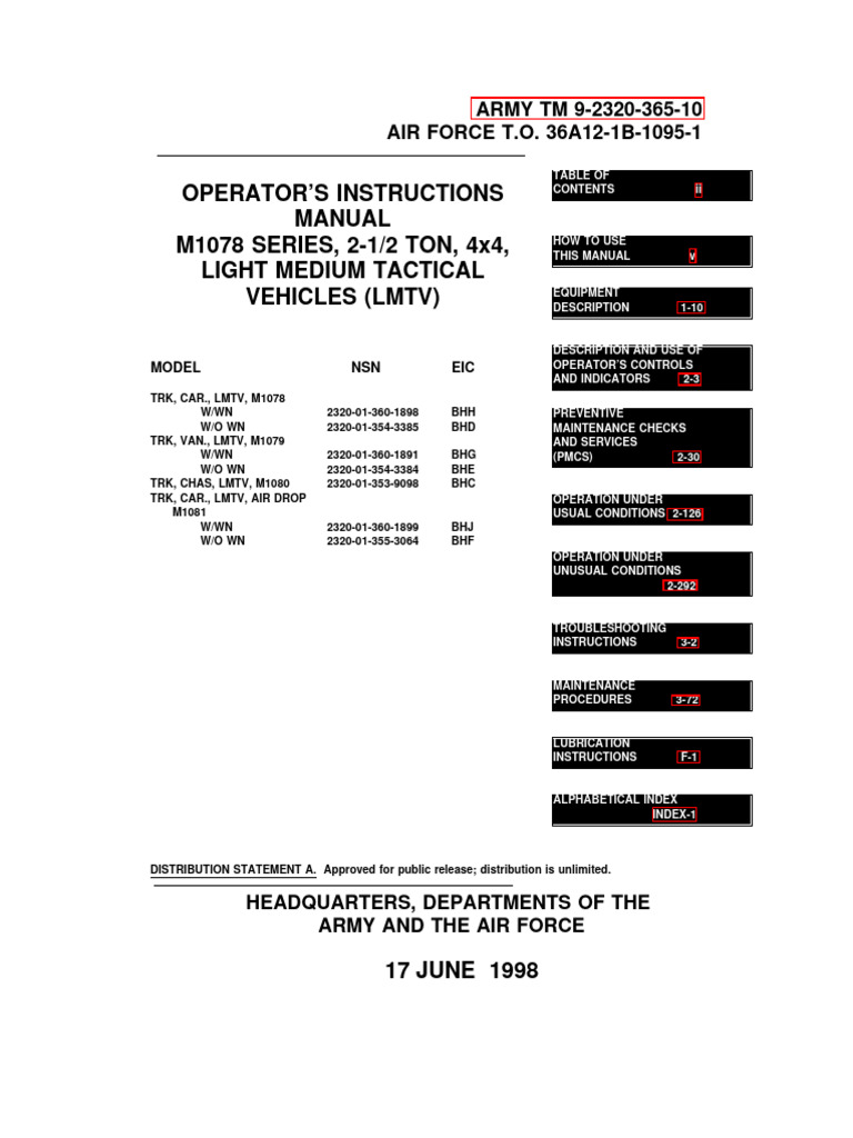 Operator'S Instructions Manual M1078 SERIES, 2-1/2 TON, 4x4, Light ...