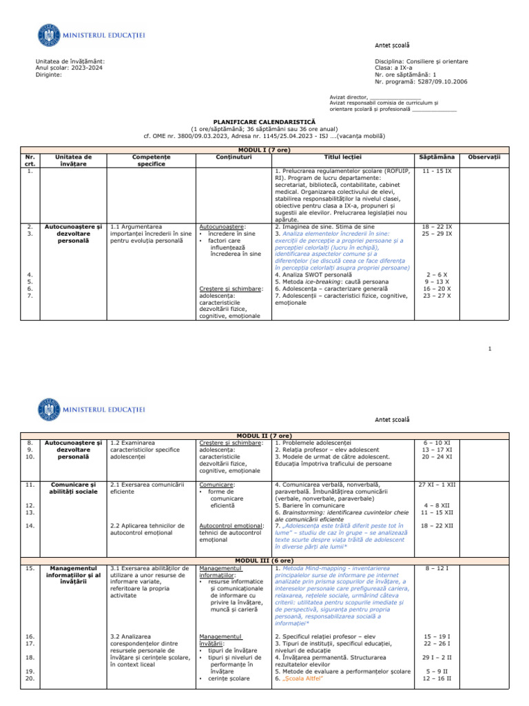 Planificare Ix Dirigentie Module | PDF