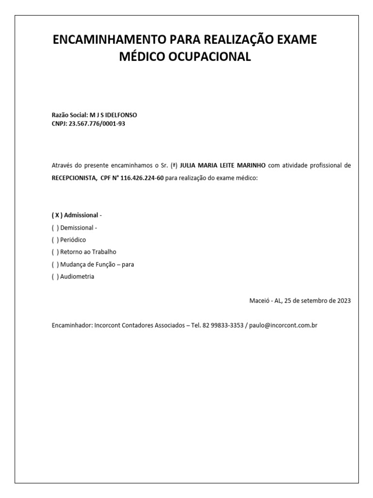 Encaminhamento Exame Admissional | PDF | Negócios | Ciências e Matemática