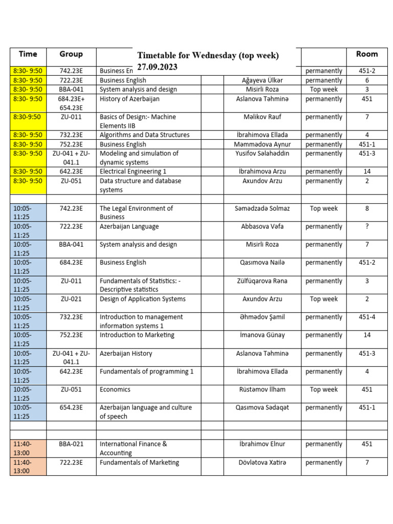 Timetable For Wednesday Top Week (Fall 2023) | PDF | Systems Theory | Computing
