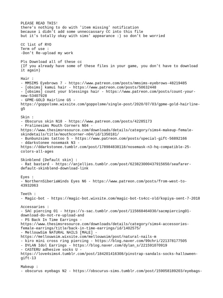 (BBSims) CClist of Ryo | PDF | Human Appearance | Fashion