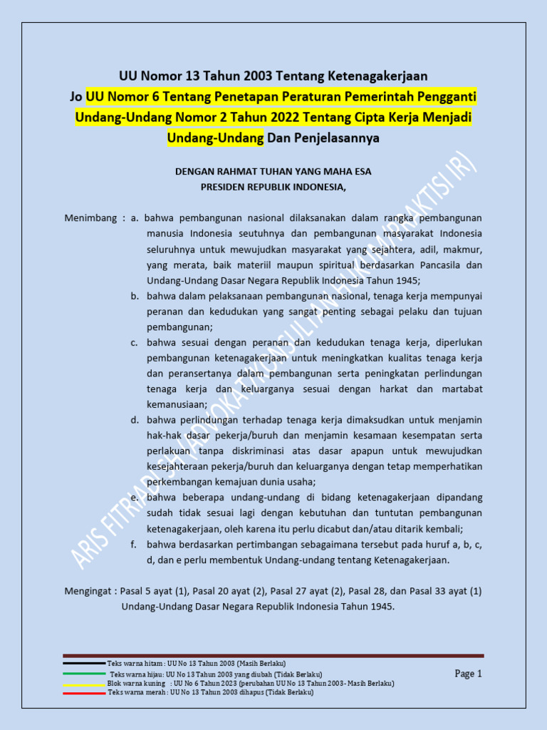 UU 13 Tahun 2003 Jo UU 6 Tahun 2023 & Penjelasannya | PDF | Hukum