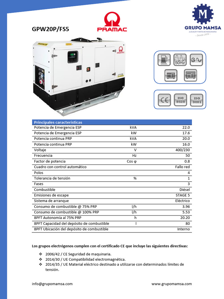 Ficha Técnica Grupos Electrógenos MAMSA | PDF