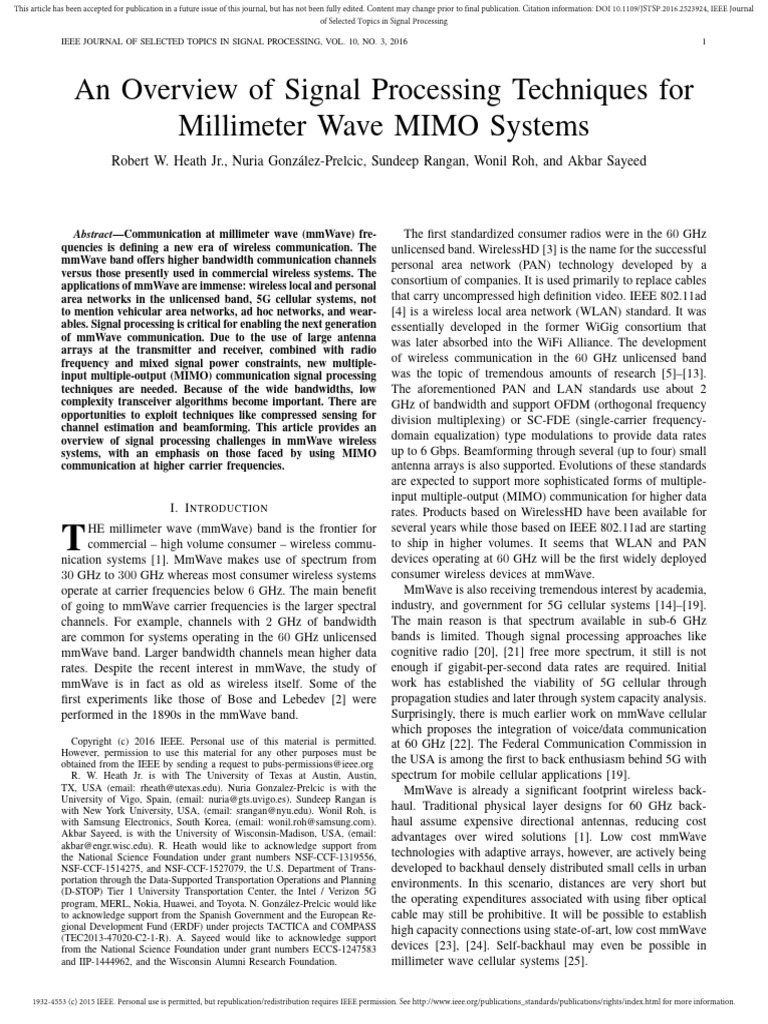 An Overview of Signal Processing Techniques For Millimeter MIMO System ...