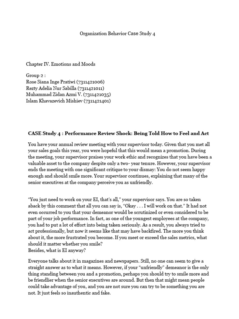 Organization Behavior Case Study 4 - Group 2 | PDF | Emotional Intelligence | Social Psychology