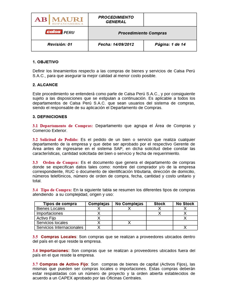 Procedimiento de Compras Calsa Perú 01.07.13 | PDF | Business | Perú