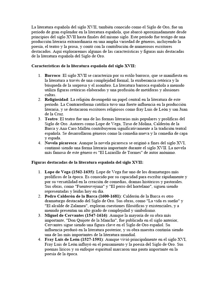 La Literatura Española en El Siglo XVII | PDF | Barroco