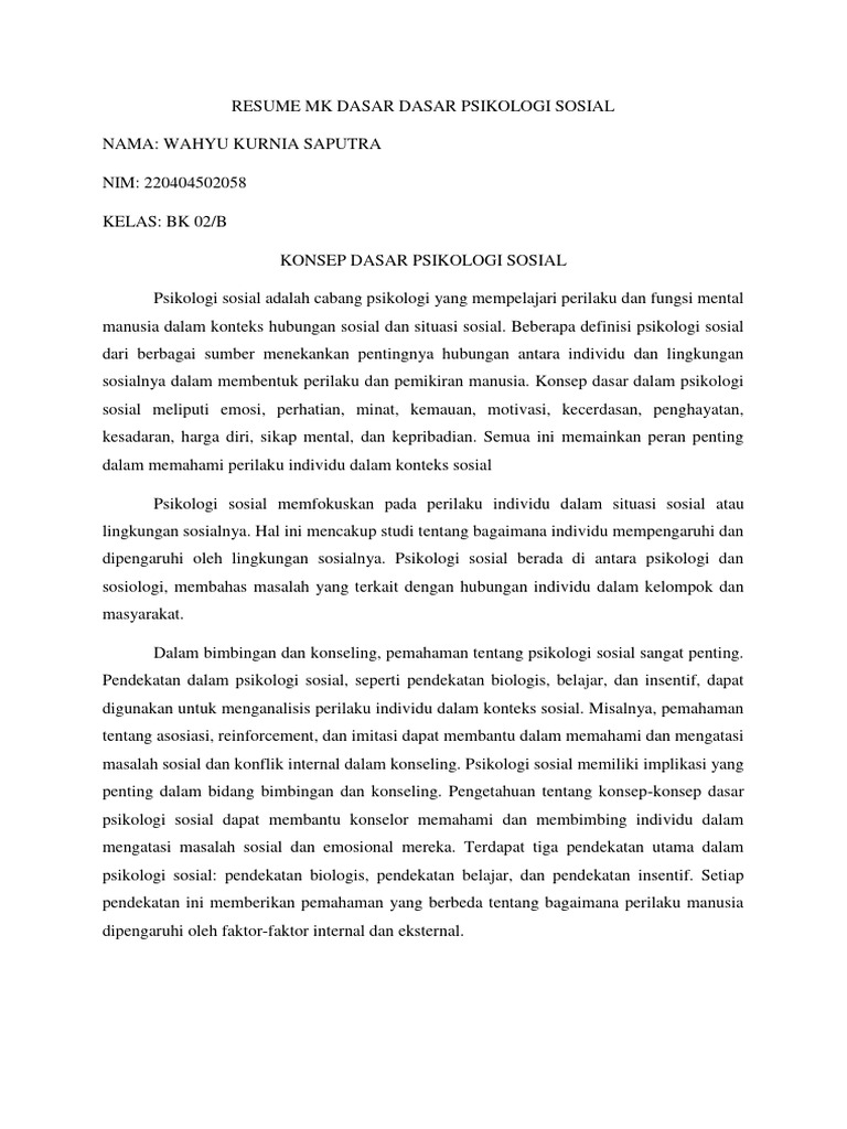Resume MK Dasar Dasar Psikologi Sosial | PDF