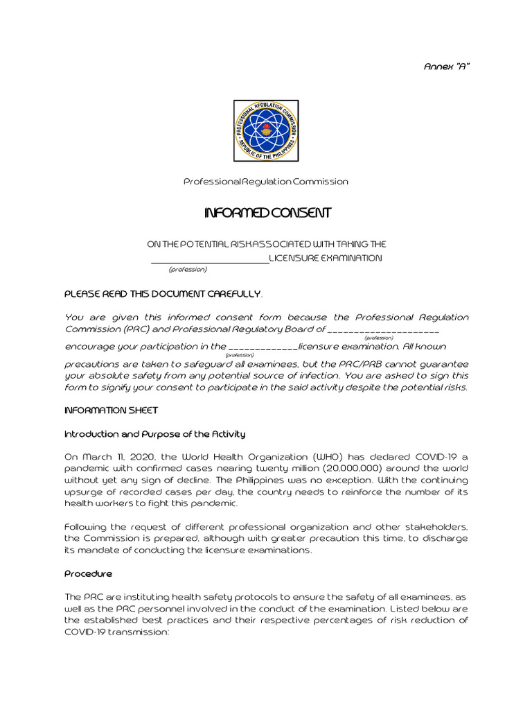 2020 68 Annex A Informed Consent101620 1 | PDF | Licensure | Global Health