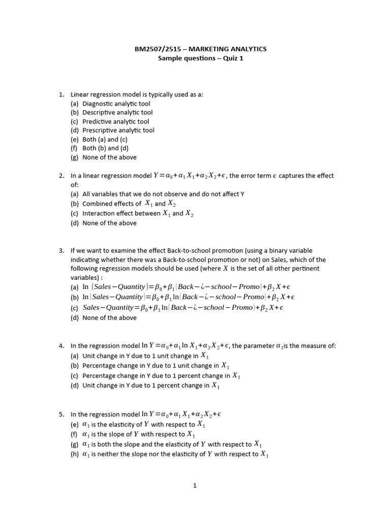 Sample Questions - Quiz 1 | PDF | Regression Analysis | Elasticity (Economics)