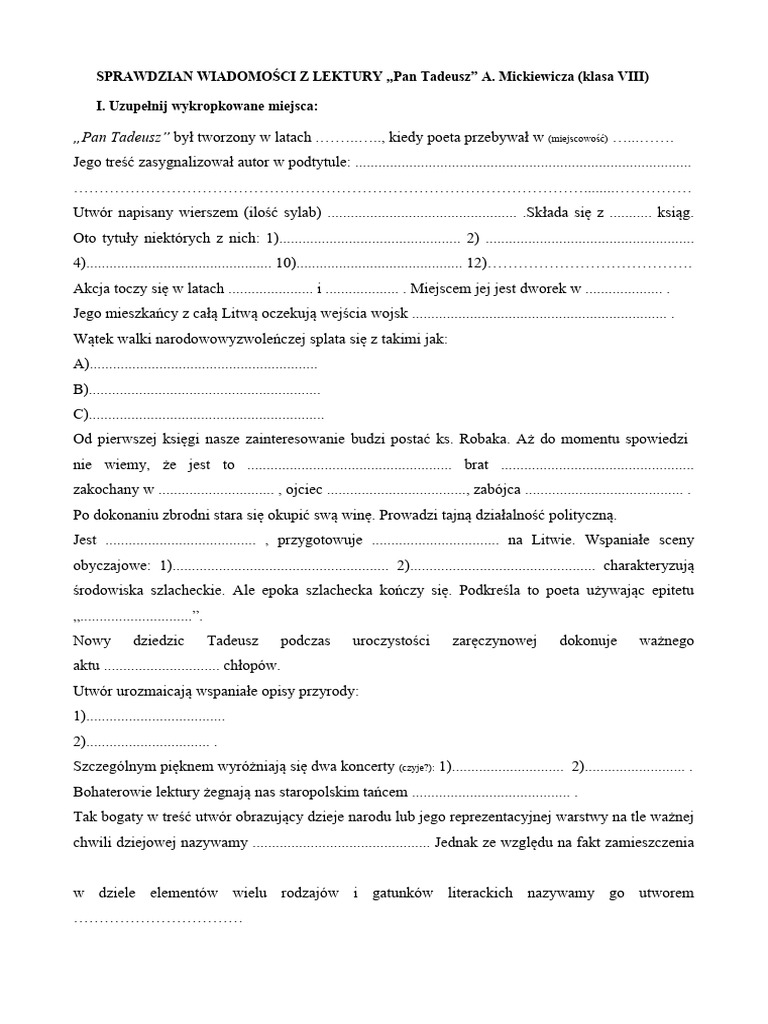Test Z Lektury Pan Tadeusz Klasa 5 Calls Resultat Loto Quebec