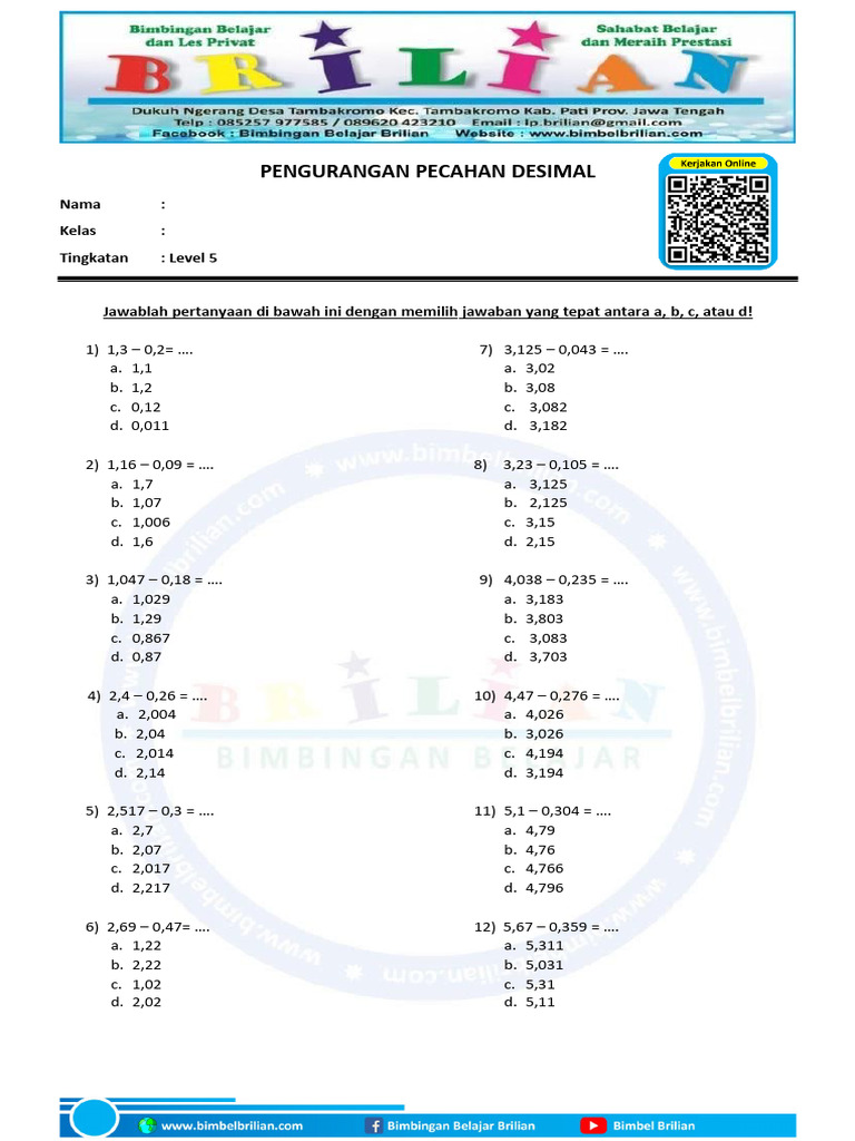Soal Pengurangan Pecahan Desimal Level 5 | PDF