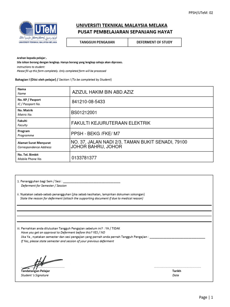 Borang Tangguh Pengajian | PDF