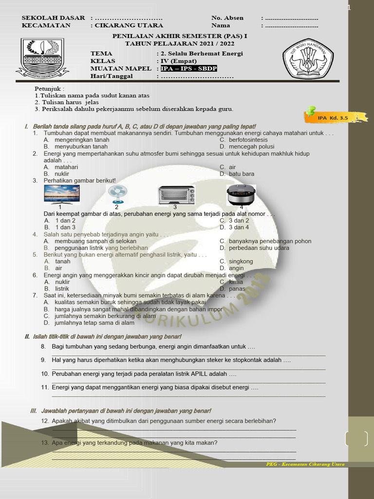 Soal Pas 1 Kelas 4 Tema 2 Ipa-Ips-Sbdp | PDF