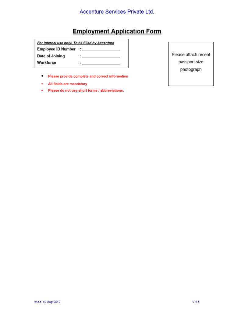 Employment Application Form: Accenture Services Private LTD | PDF