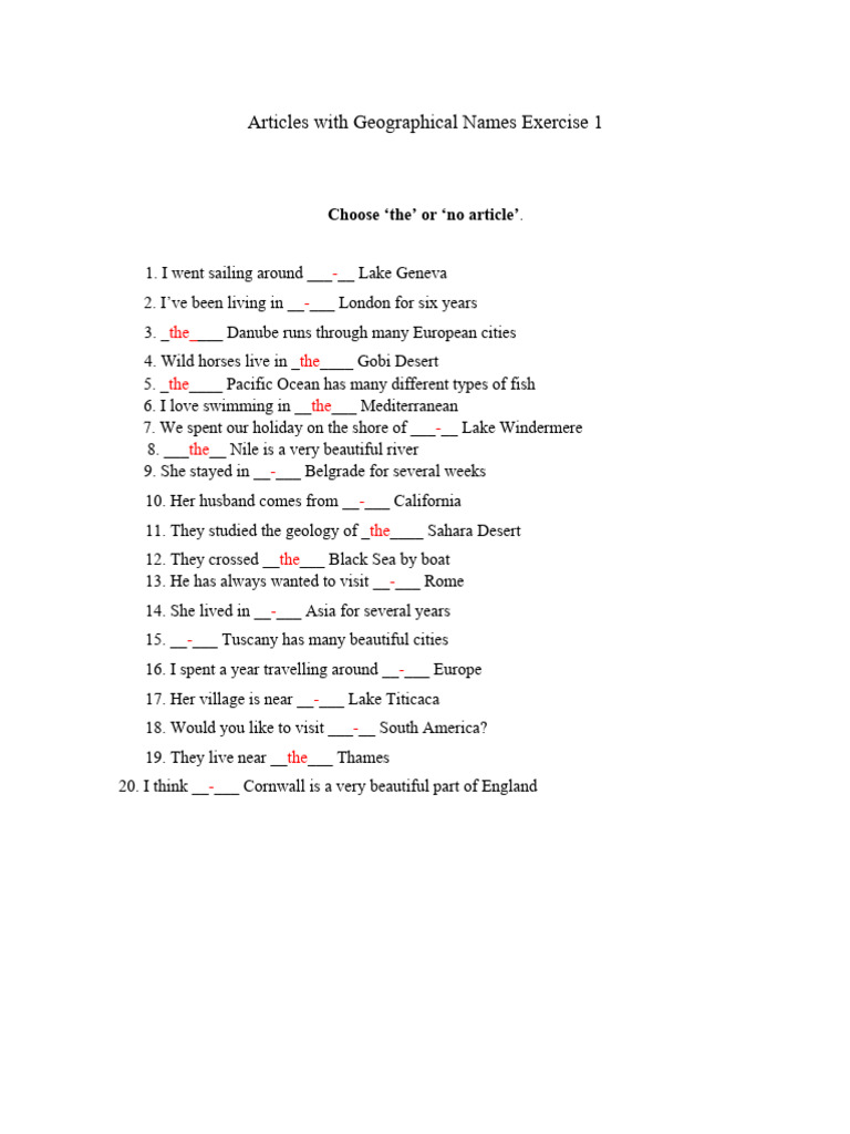 Articles With Geographical Names Exercise 1 | PDF