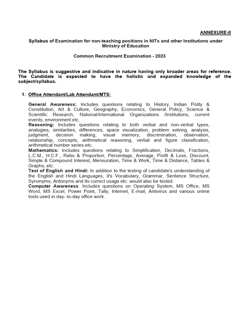 Final Syllabus Non-Teaching Staff at NITs | PDF