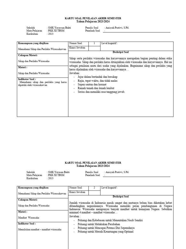 KARTU SOAL PKK XI TBSM | PDF
