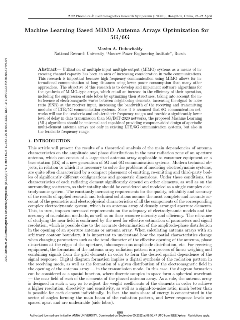 Machine Learning Based MIMO Antenna Arrays Optimization For 5G 6G | PDF | Mimo | Antenna (Radio)