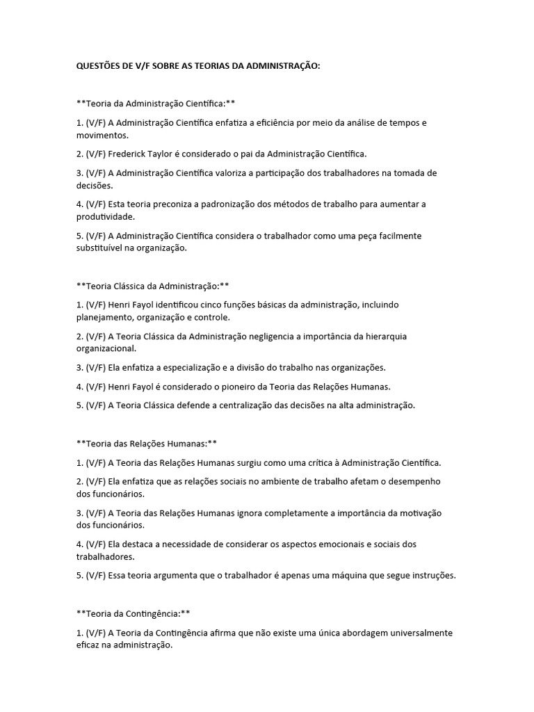 Questões V/F sobre Teorias da Administração | PDF